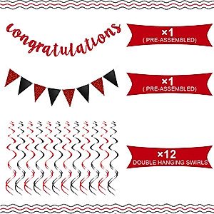 Glitter Congratulations Banner Triangle Flag Banner with 12 Pieces Hanging Swirls for Wedding Retirement Graduation Anniversary Party Decorations (Black, Red)