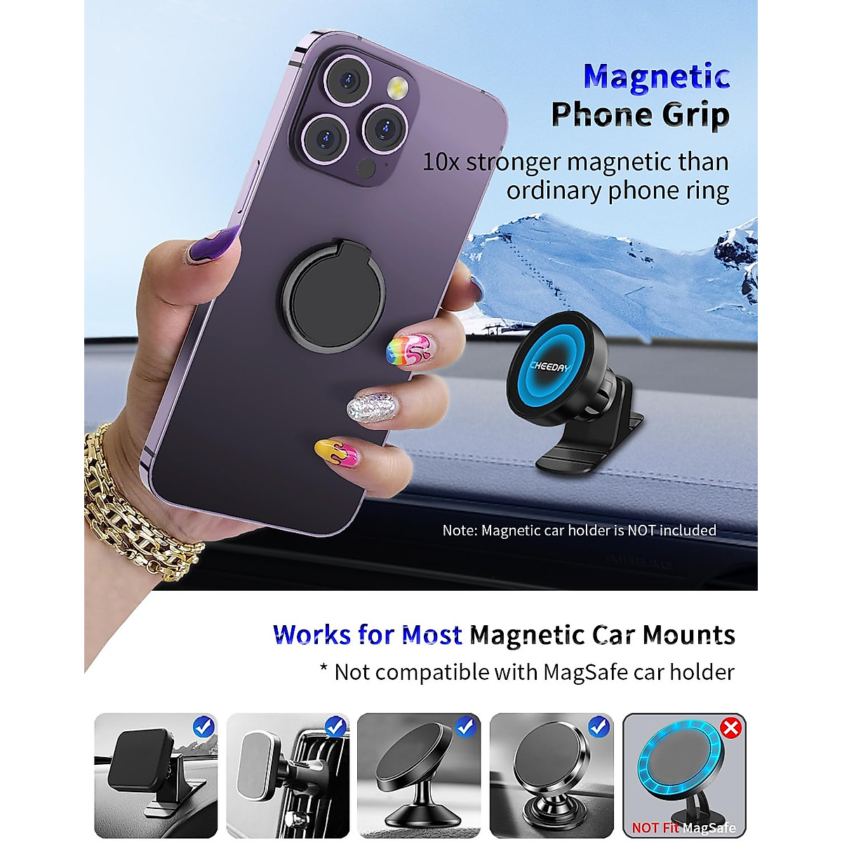 CHEEDAY Magnetic Phone Ring Grip, [4 Strong Magnets] Gym Finger Ring Holder 360° Rotation for Magnetic Car Mount, Metal Plate, Compatible with iPhone 15 14 13 12 Pro Max, All Smartphones, Black