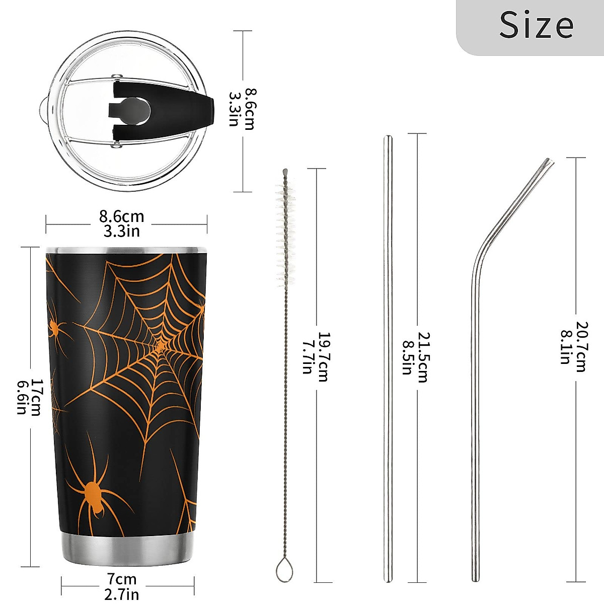 Yasala Halloween Tumbler Orange Spider Cobweb Insulated Coffee Cup Back to School Beverage Container Office Travel Mug with Straw and Lid 20oz Holiday Gift Day of The Dead Present
