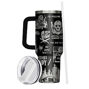 GEPOSTORE Movie Lover Gifts, Horror Friends 40 oz Laser Tumbler Handle and Straw, Horror Characters Tumblers Cup, Halloween Mug, Birthday Gifts for Movies Fans