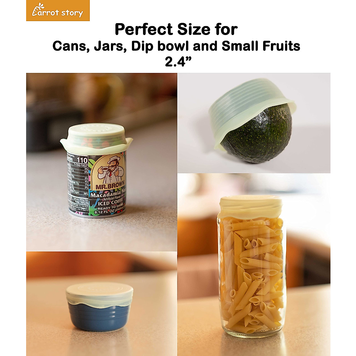 Carrot story Silicone Reusable Stretch Lids, Multipack of 10, BPA Free Reusable Stretch lids for Food Cans, Jars, Bowls, Fruits, and Vegetable, Microwave and Freezer Compatible
