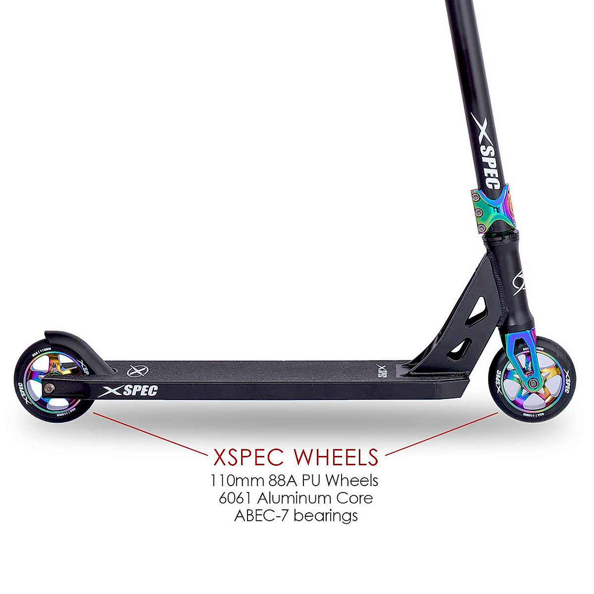 Xspec Pro Stunt Kick Scooter, Unique Oil Slick Anodized Design Trick Scooter, Matte Black Frame, Purple Rainbow Neo Chrome