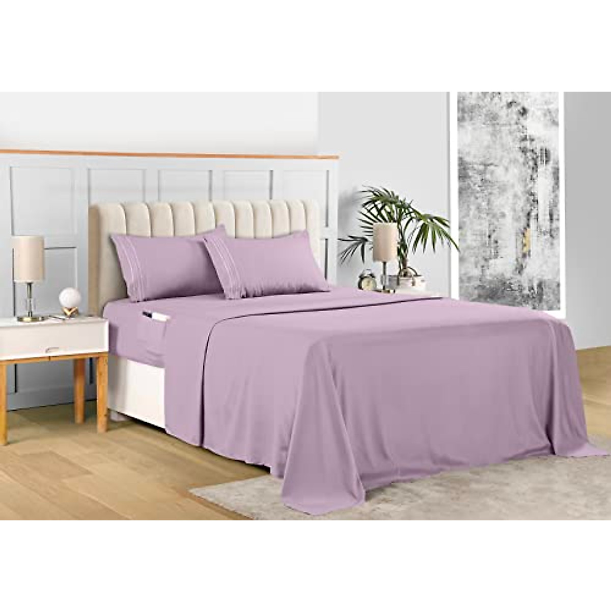 Utopia Bedding Queen Sheet Set – Soft Microfiber 4 Piece Luxury Bed Sheets with Deep Pockets - Embroidered Pillow Cases - Side Storage Pocket Fitted Sheet - Flat Sheet (Lavender)