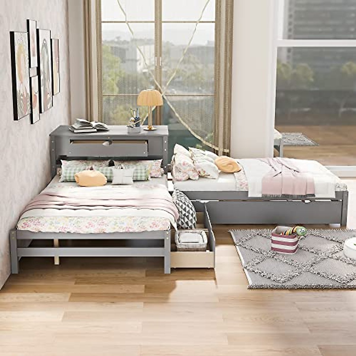 MOEO L-Shaped Full Size Platform Bed with Trundle and Drawers Linked w/ Built-in Desk for Kids, Bedroom, Teens, Adults, No Box Spring Needed, 3 Wood Bedframe in 1, Gray