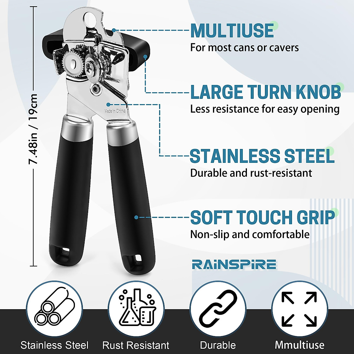 Rainspire Can Opener Manual Handheld Strong Manual Can Opener Smooth Edge Cut, Can Opener Heavy Duty, Comfortable Soft Handle, Built-in Bottle Opener, Black