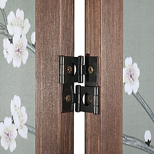 MyGift 4-Panel Asian-Inspired Folding Room Divider with Cherry Blossom Tree & Bird Design Poetry Calligraphy and Brown Wooden Frame