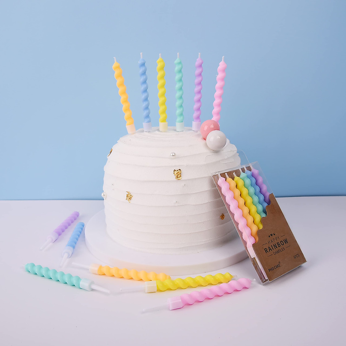 PHD CAKE 24-Count Rainbow Spiral Birthday Candles with Holders, Party Candles, Cake Candles
