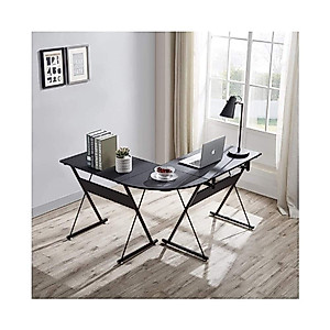 Desk L Shaped Computer with Keyboard Tray, Wood Reversible Corner, L- Shaped Gaming Home Office PC Study Table Workstation Wooden Black Round Corner