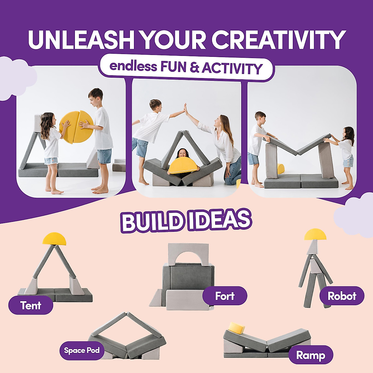 ComfyBumpy Modular Kids Couch | Sectional Kids Sofa for Girls and Boys Playroom - Foldable Toddler Couch Convertible Play Set - Fortplay and Bedroom Furniture for Toddlers | 8-Pieces