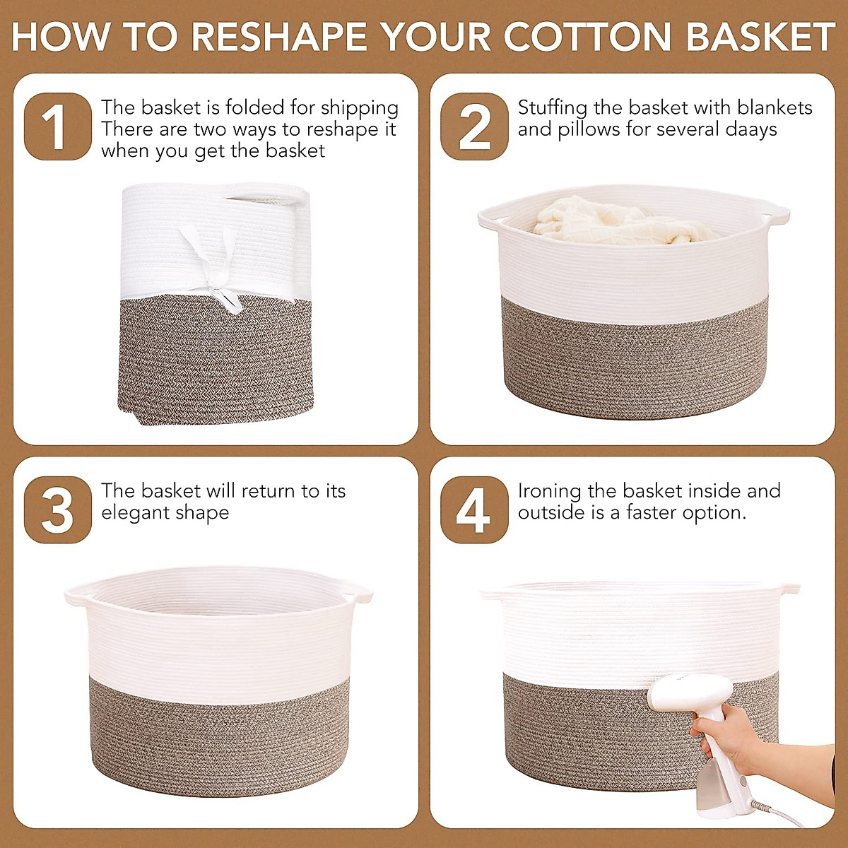 XXXL Blanket Basket Large Blanket Storage Living Room 21.7" x 21.7" x 13.8" Basket for Storing Blankets and Toys + Small Basket for Toys, Keys| Basket for Blankets Brown and White