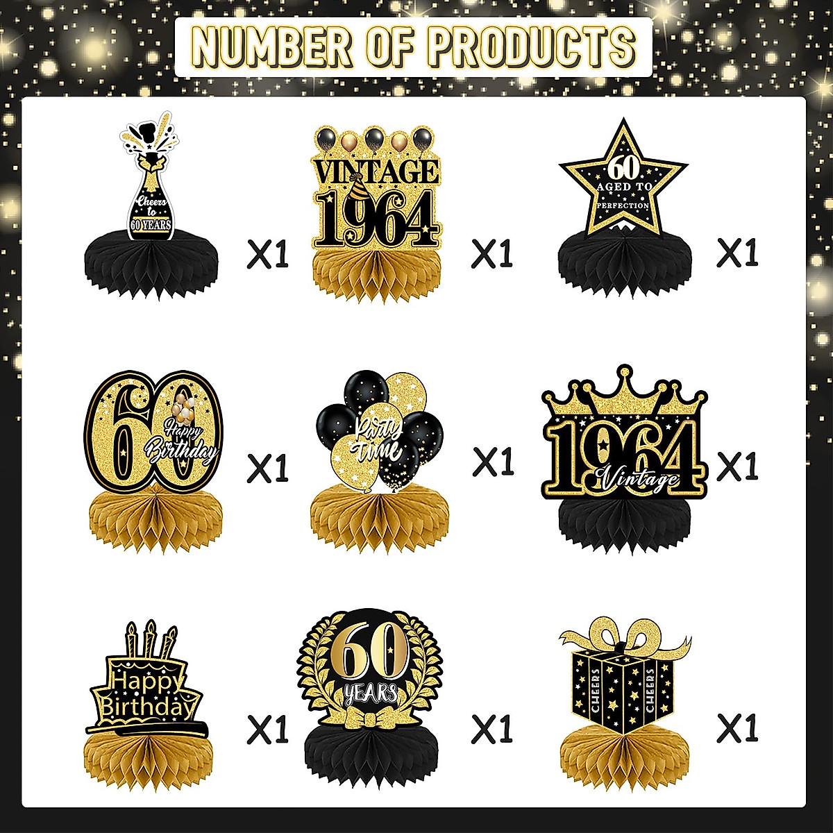 Refavor 9Pcs 60th Birthday Party Decorations - 60th Birthday Decor Men Women Black Gold Vintage Table Centerpieces Supplies 60 Years Birthday Party Decoration Aged to Perfection Tables Toppers