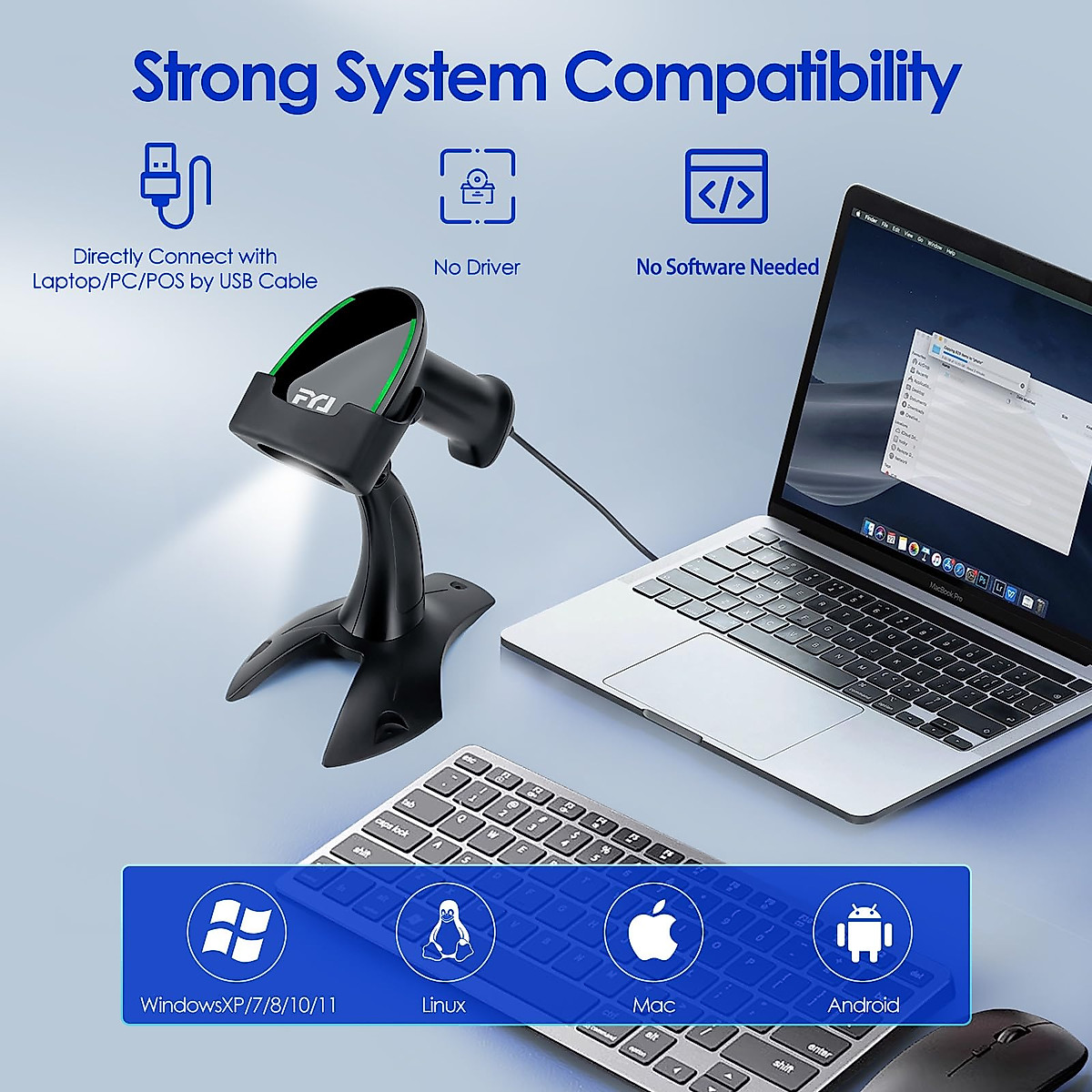 FYJ Handheld 1D 2D Barcode Scanner with Stand Wired Automatic QR Code Scanners Long USB Cable Bar Code Reader for Library,Store,Supermarket,Warehouse