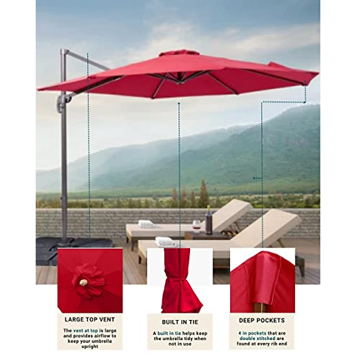 Formosa Covers Replacement Umbrella Canopy for 11ft Supported Bar Cantilever Market Outdoor Patio Shade in Red (Canopy Only) (11ft 8 ribs)