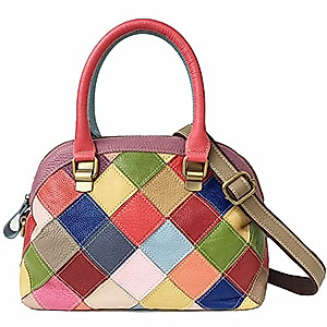 Downupdown Genuine Leather Handbags Women Top Handle Handbags Multicolor Square Splice Satchel Bag Tote Purse with Long Strap