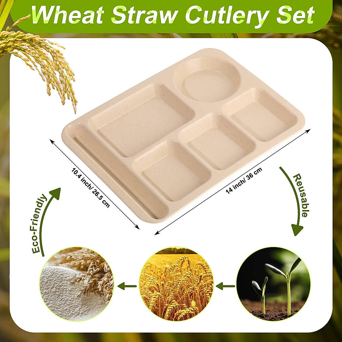 Pinkunn 8 Pcs Large 14 Inch Wheat Straw Divided Plates Unbreakable Divided Plates Dinnerware Set Microwave Dishwasher School Lunch Tray Lightweight Plates(Multicolor)