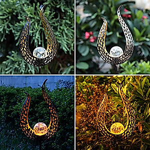 VCOKEN Solar Stake Lights Outdoor Decorative - Garden Solar Lights, Flame Shape Bronze Solar Garden Light, Waterproof Crackle Glass Led Light for Pathway, Lawn, Yard Decor