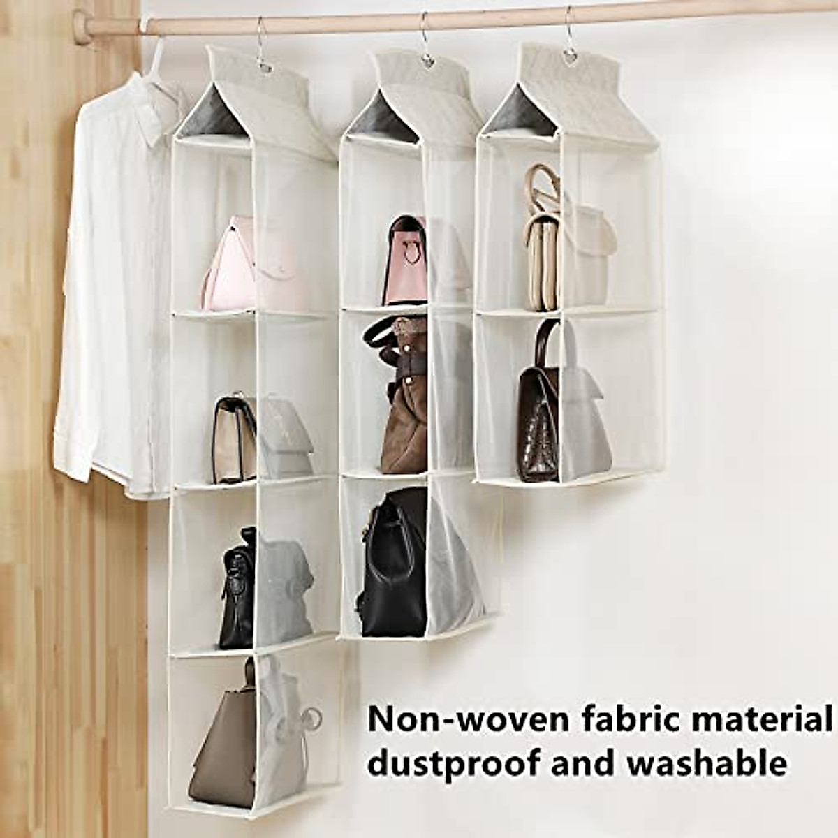 enloritas 2PCS Handbag Hanging Purse Organizer，Hanger Oxford Cloth Nonwoven Hanging Closet Storage Bag , Closet Organizer with 360 Degree Swivel Hook Foldable and Universal, Grey