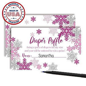 Pink and Silver Snowflake Diaper Raffle Tickets for Girl Baby Showers, 20 2" X 3” Double Sided Insert Cards for Games by AmandaCreation, Bring a Pack of Diapers to Win Favors & Prizes!