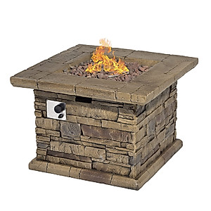 SUNBURY Outdoor Propane Fire Pit, Square Stonecrest Gas Fire Pit for Outside Patio, Concrete Propane Fire Table 50,000 BTU Gas Fire Pit w Lava Rocks, Waterproof Cover