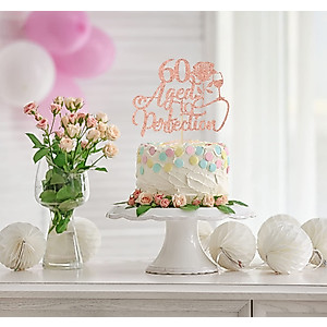 Women's 60th Birthday Cake Topper, Age to Perfection/Cheers to 60 Years, Funny Happy 60th Birthday Party Decorations Rose Gold Glitter