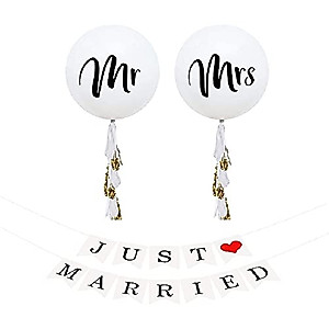 Just Married Banner & Wedding Balloons - Wedding Car Decorations Kit - Mr Mrs Wedding Balloon with Tassel Garland - Jumbo Wedding Balloons Decorations by Jolly Jon