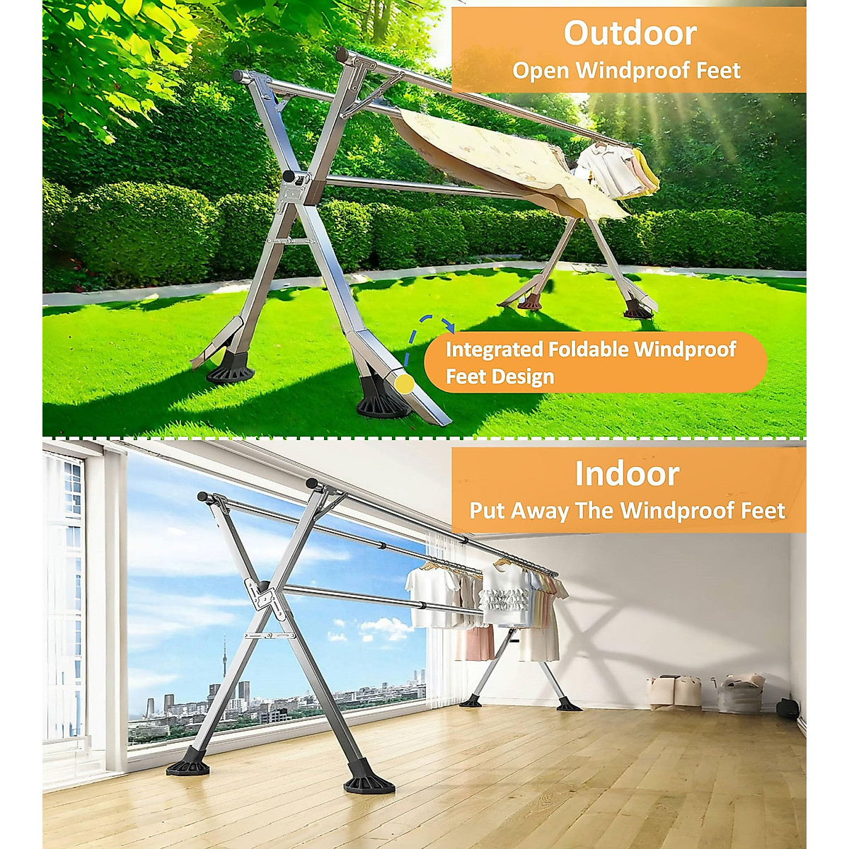 79 Inches Clothes Drying Rack Clothing with Windproof Design, Folding Indoor Outdoor,Heavy Duty Stainless Steel Laundry Drying Rack,Foldable Portable Garment Rack,20 Hooks,12 Clips,5 Shoe Drying Racks