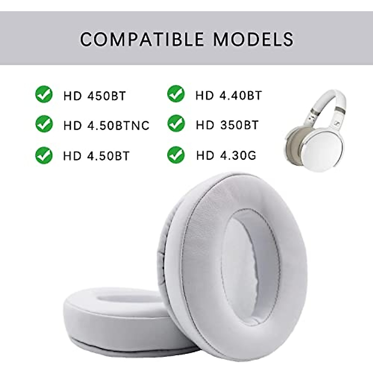 HD4.50BT Replacement Ear Pads Quite-Comfort Protein Leather, Earpads Cushions for Sennheiser HD4.50BT, HD4.50BTNC, HD4.40BT, HD450BT HD430 HD440 HD350BT HD400S HD458BT HD300 Headphones(White)