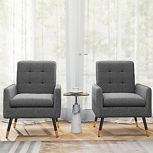 Giantex Modern Mid-Century Accent Chair - Upholstered Armchair with Tufted Back, Metal Legs, Adjustable Foot Pads, Linen Fabric Single Sofa Chair for Reading, Living Room Chair for Bedroom, Grey