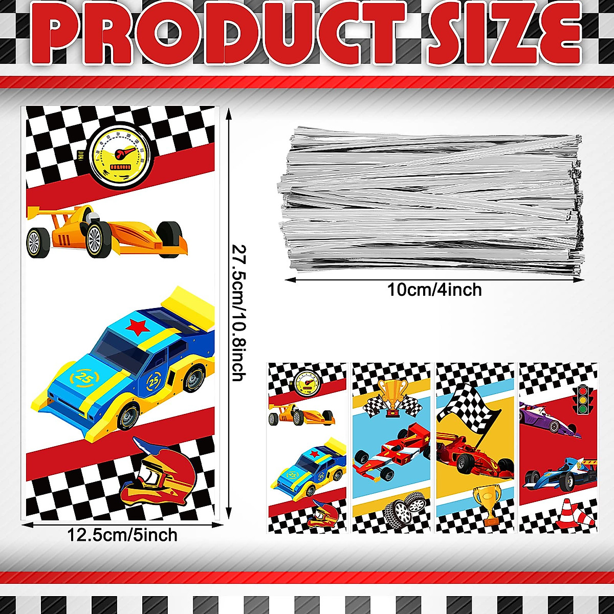 Spiareal 100 Pcs Race Car Party Treat Bags Cellophane Bags Race Car Gift Treat Bag Goodie Candy Bags with Ties Boys Race Car 1 Count (Pack of 100)