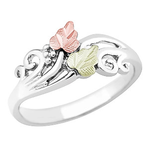 Leaf and Scrolling Vine Ring, Sterling Silver, 12k Green and Rose Gold Black Hills Gold Motif, Size 3.75