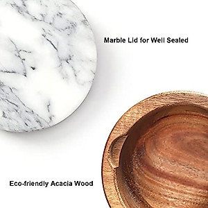 KITCHENDAO Large Acacia Salt Cellar Box Bowl with Built-in Spoon and Marble Lid, Solid Natural Acacia Wood Bath Sea Salt Container, Grey Marble Lid, Pepper Sealer Pinch Bowl, 10oz Capacity