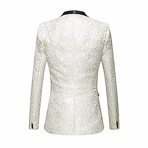 Men's Luxury Floral Tuxedo Jacket Paisley Jacquard Shawl Lapel Dress Suit Embroidered Wedding Blazer Sport Coat (White,Large)