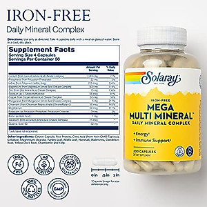 Solaray Iron-Free Mega Multi Mineral, Daily Mineral Complex with Calcium, Magnesium, Zinc, and More in Absorbable Chelated Forms, Overall Health, Energy and Immune Support (200 Capsules, 50 Servings)