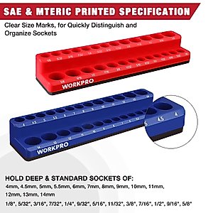 WORKPRO 1/4-inch Magnetic Socket Organizer Set, 2-Piece SAE & Metric Socket Holders, Holds 52 Standard and Deep Sockets for Tool Box, Tool Carts (Sockets Not Included)