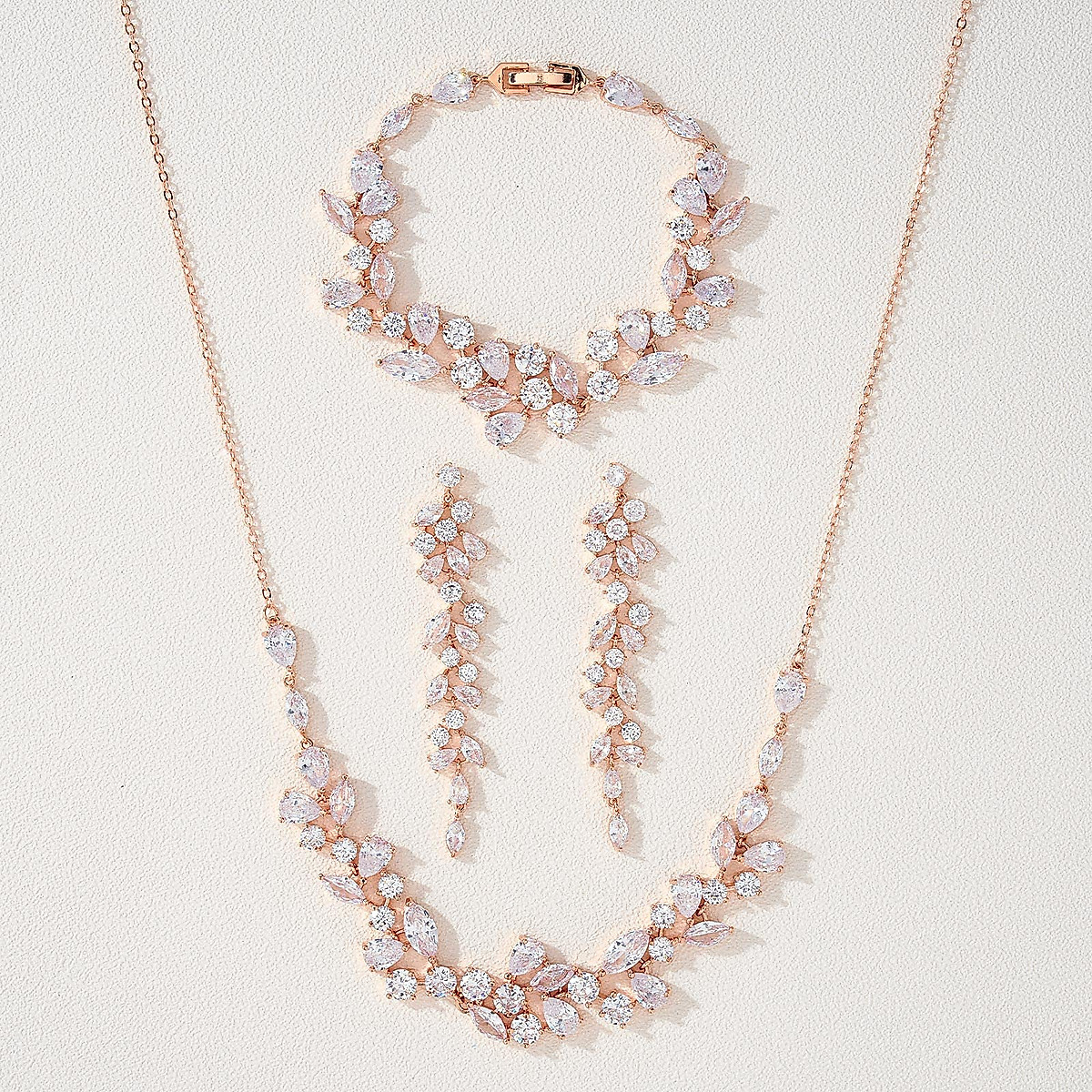SWEETV Rose Gold Bridal Jewelry Set for Wedding, 3Pcs Long Floral Necklace Earring Bracelet Sets for Brides, Bridesmaids, Elegant Marquise and Cubic Zirconia Jewelry Set for Women Party Prom Gifts