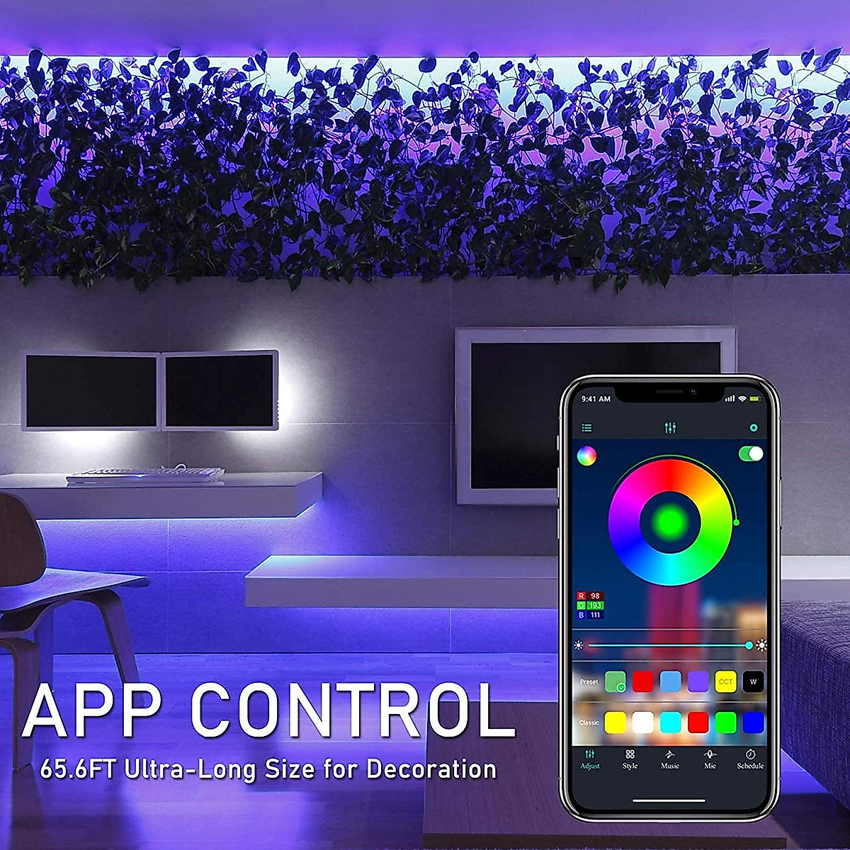 LED Lights for Bedroom Bluetooth 65.6ft,2 Rolls of 32.8ft,Miheal Smart LED Strip Lights Sync to Music Color Changing Lights 5050 RGB with APP Control,Remote for Room(White Band)