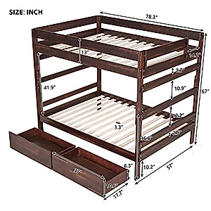 Full Over Full Bunk Bed with 2 Drawers, Solid Wood Bunk Bed Frame with Ladders & Storage Drawers, Bedroom Furniture Can Be Divided Into Two Individual Beds