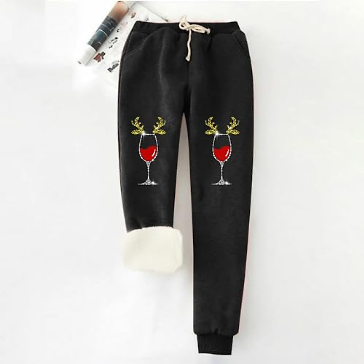 High Waisted Sweatpants for Women,Xmas Print Womens Sweatpants with Pockets Xmas Print Drawstring Workout Active Joggers Reindeer Print Straight Leg Baggy Sweatpants Black XL