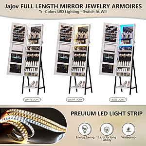 jajov 47.2" LED Jewelry Cabinet Armoire, Standing Mirror with Jewelry Storage, Jewelry Organizer Armoire with Full Length Mirror, Lockable Jewelry Mirror Cabinet (White)