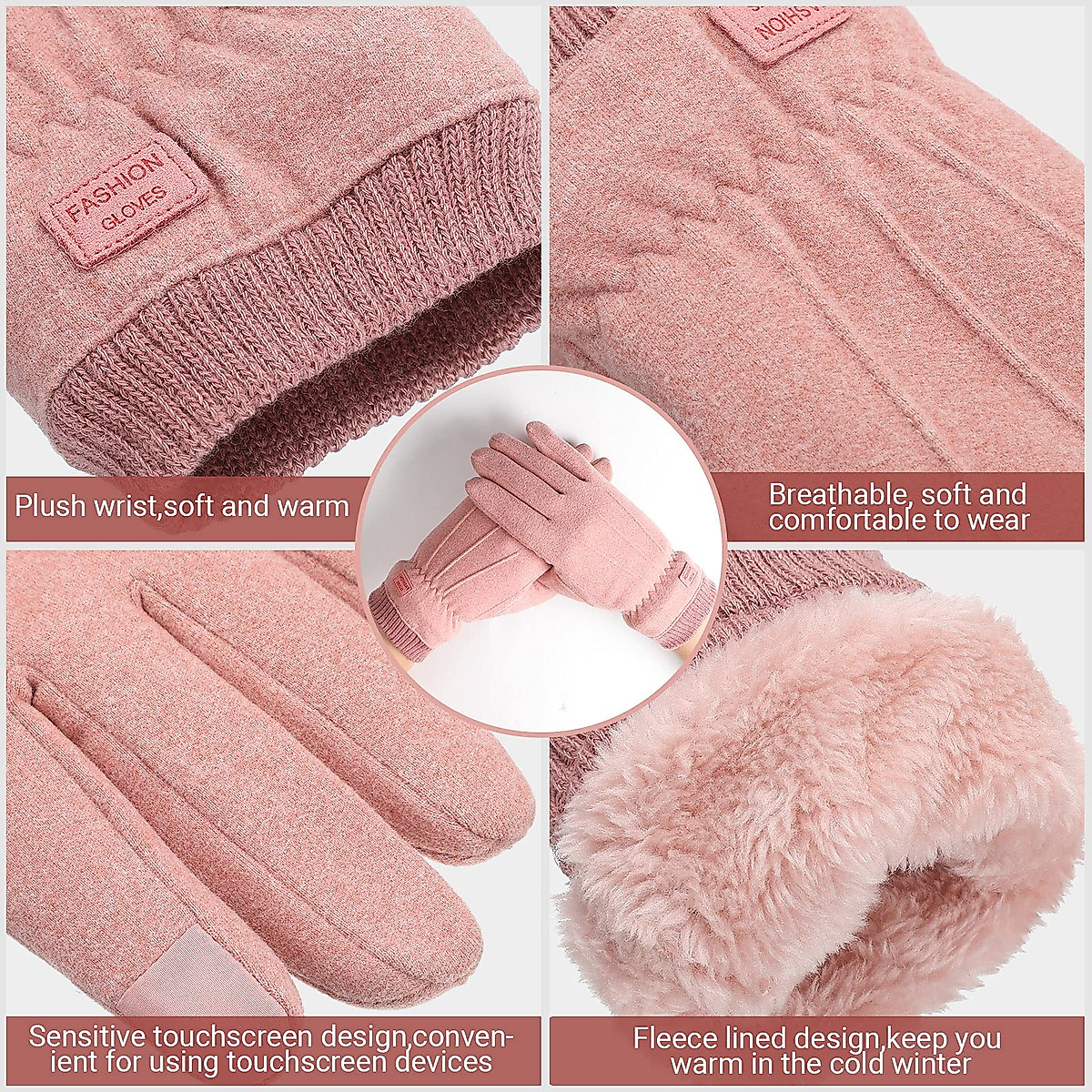 SATINIOR 3 Pairs Women's Winter Warm Touchscreen Gloves Windproof Thermal Texting Gloves Elastic Cuff Winter Gloves for Women Girls Winter Running Cycling (Black, Grey, Pink)