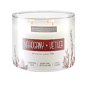 Essential Elements by Candle-lite Scented Candles, Mahogany & Vetiver Leaf Fragrance, One 14.75 oz. Three-Wick Aromatherapy Candle with 45 Hours of Burn Time, Off-White Color