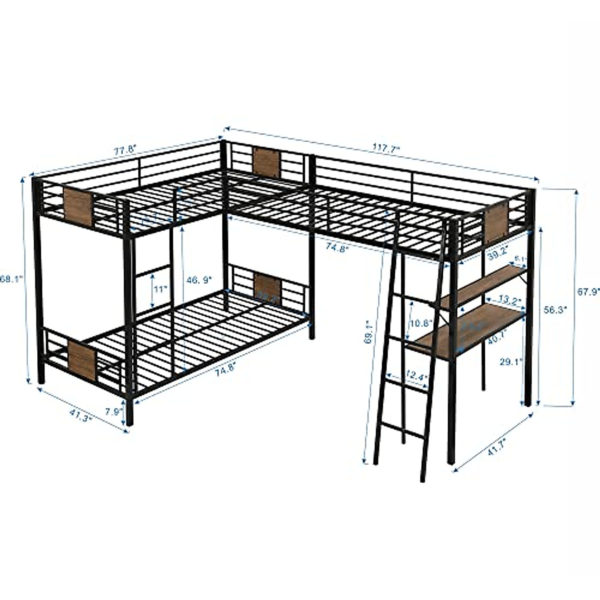 MOEO L-Shaped Twin Over Twin Metal Bunk Bed with Twin Size Loft Bedframe w/Desk and Shelf for 3 Kids, Adults, Bedroom, Bunkbed Attached, No Box Spring Need, Black
