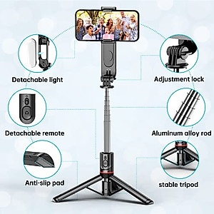 Stable Selfie Stick Tripod with Fill Light, 44 Inch Extendable Selfie Stick with Wireless Remote and Tripod Stand 360 Rotation for iPhone 13/12/11 Pro/XS Max/XS/XR/X/8/7, Samsung and Smartphone