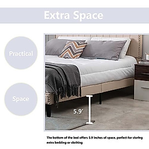 Queen Size Linen Upholstered Platform Bed Frame with Soft Curved Headboard and Wooden Slats Support, No Box Spring Needed for Boys Girls Teens Adults, Noise-Free, Under Bed Storage (Beige)