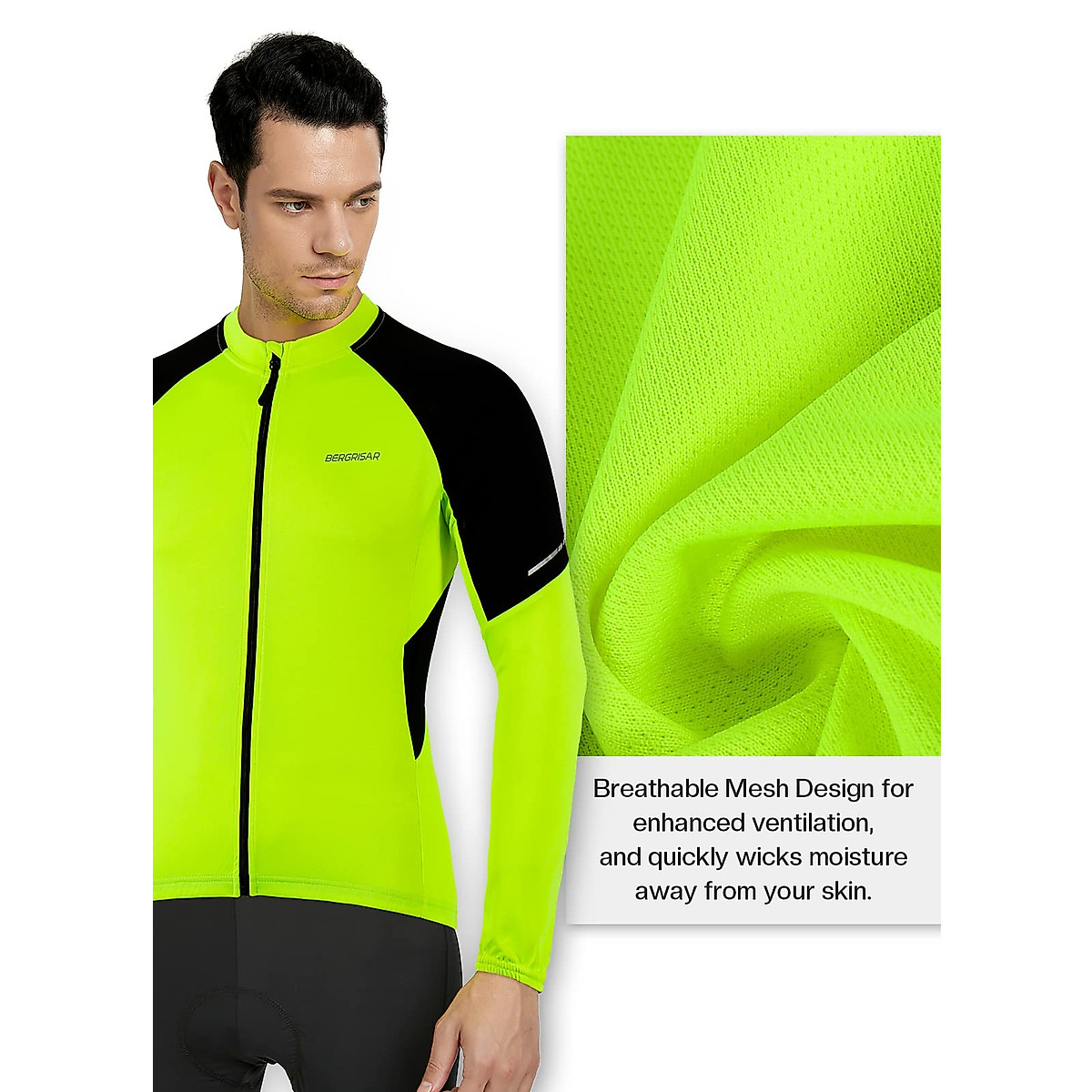 BERGRISAR Men's Basic Cycling Jerseys Long Sleeves Bike Bicycle Shirt Zipper Pockets BG012 Yellow Size X-Large