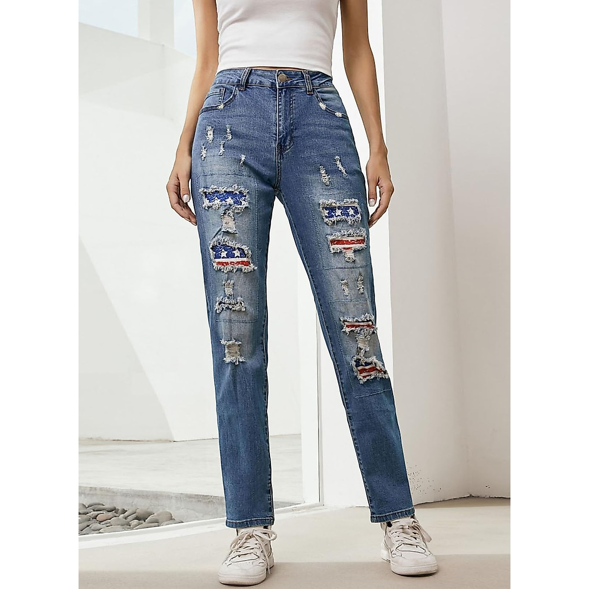 EVALESS Ripped Jeans for Women Plus Size Boyfriend Distressed Patchwork Print Democracy Mom Jeans 2025 Fashion Wide Leg Losse Baggy American Eagle Denim Pants with Hole Blue XX-Large