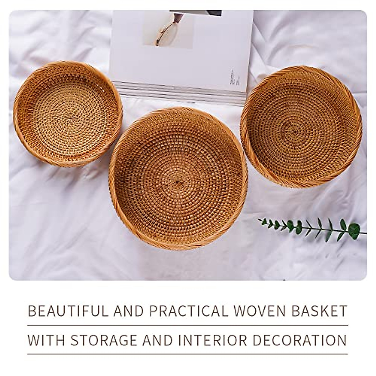 FIYAMMY Rattan Bread Baskets, Rattan Round Fruit Baskets, Natural Wicker Storage Bowls Decorative Baskets for Kitchen Set of 3