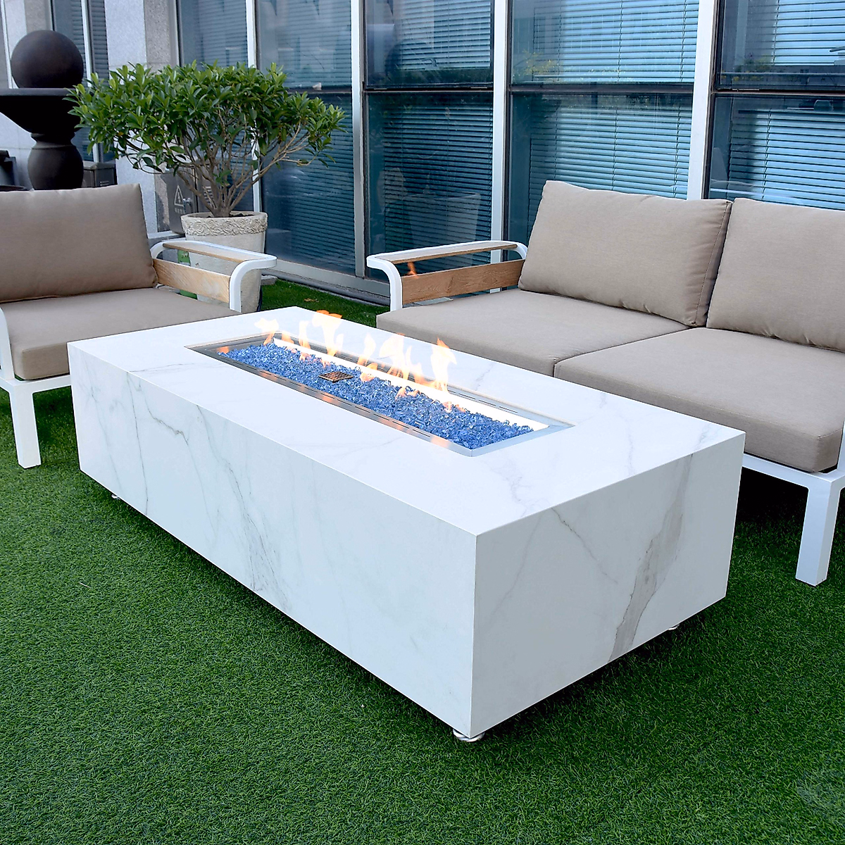 ELEMENTI Outdoor Fire Table 45,000 BTUs Natural Gas Firepit Patio Coffee Table Furniture, Backyard Fireplace Marble Porcelain Rectangle Fire Pit, 17Inch-High (White)