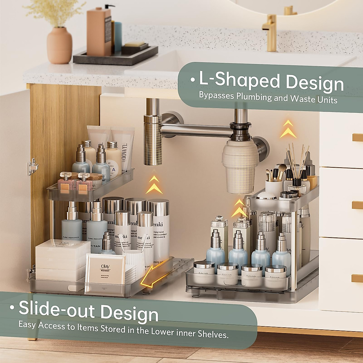 Delamu 2 Pack Under Sink Organizer, 11.38" Width Pull Out Cabinet Organizer, Slide Out Under Sink Storage Shelves, Undersink Organizers Shelf for Kitchen Bathroom Pantry Organization