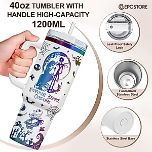 GEPOSTORE Birthday Gifts for Movie Lovers, Skeleton Couple 40oz Laser Tumbler with Handle, Spooky Movie Cup, Horror Movie Coffee Mug, Gifts for Christmas Halloween